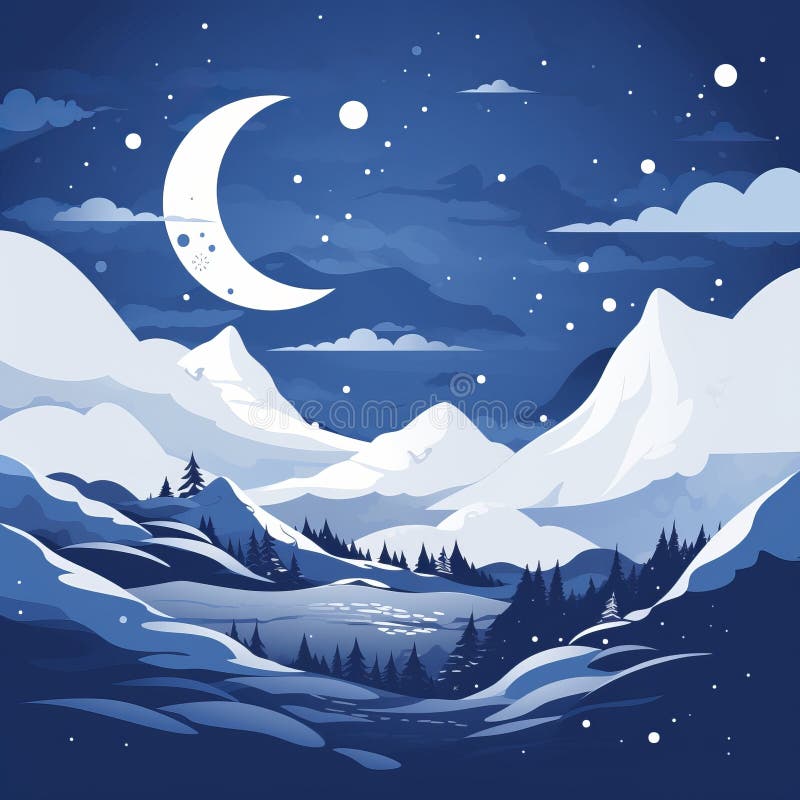 Winter Landscape with Moon and Snow Covered Mountains Vector ...