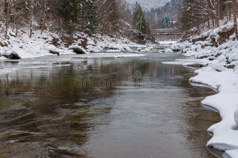 Winter Landscape. Mountain River Flows from the Rocks Stock Image ...