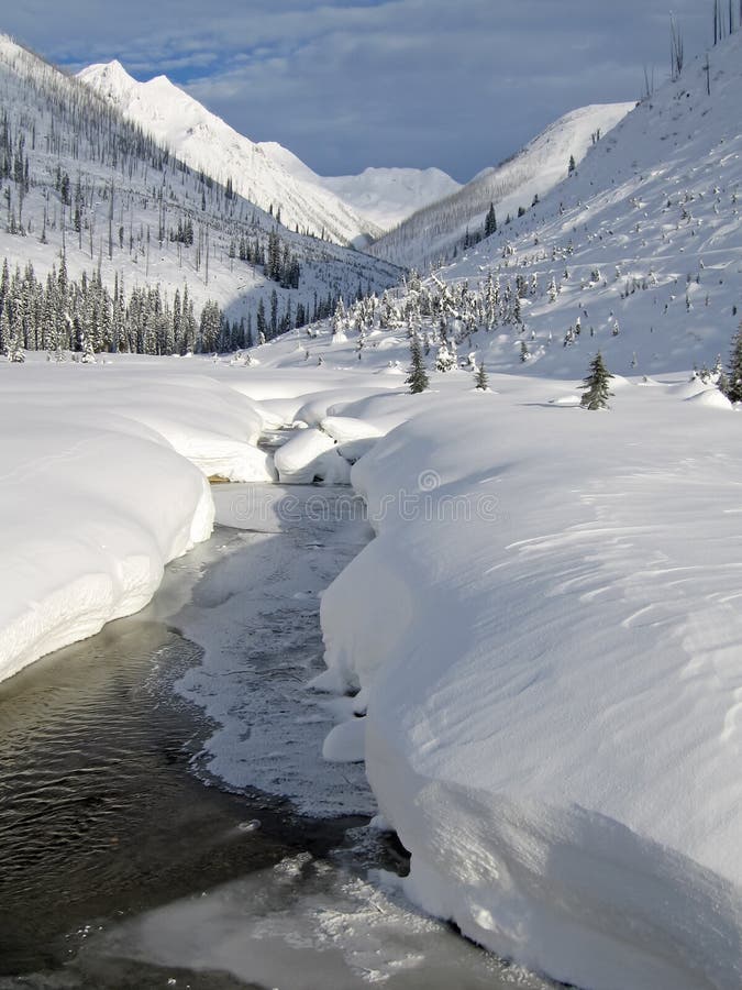 Winter Landscape with Mountains, River and Trees, Purcell Mountains ...