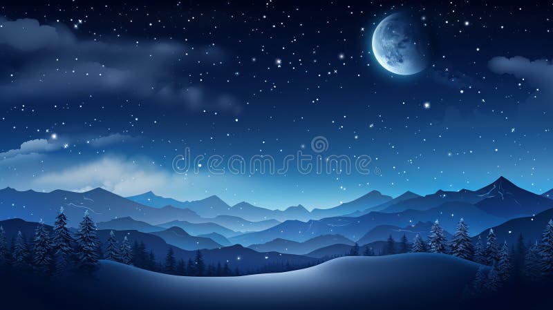 Winter Landscape with Mountains Trees Moon and Stars Stock Illustration ...