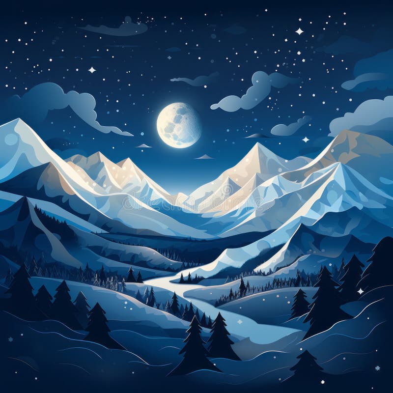 Winter Landscape with Mountains and Trees at Night with Moon and Stars ...