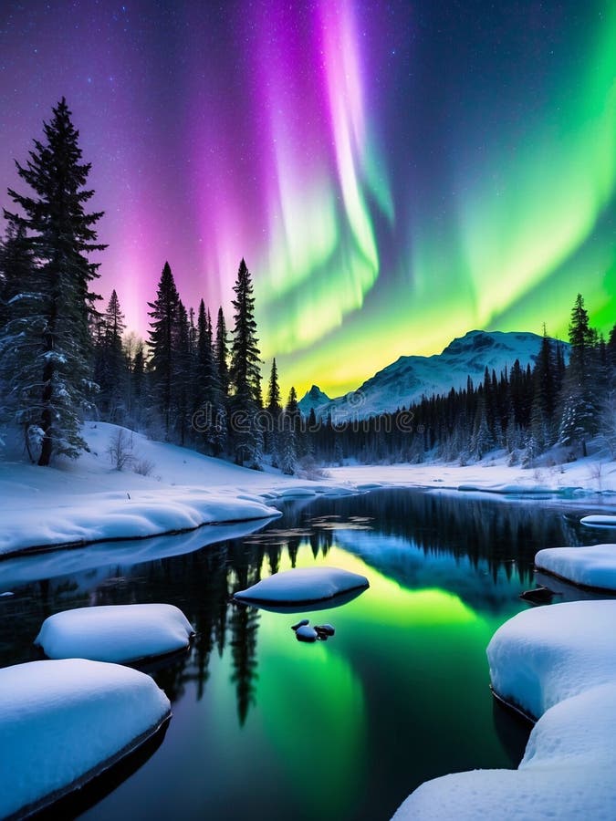 Winter Landscape with Northern Lights at Night Stock Photo - Image of ...