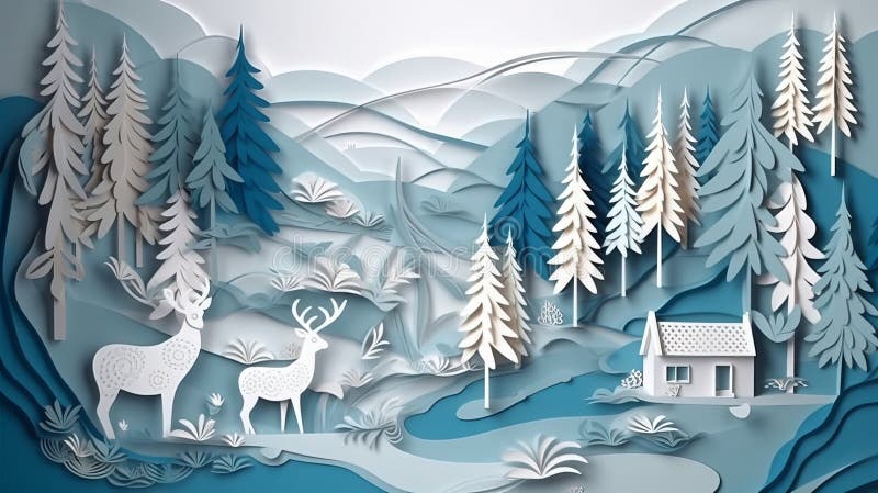 Winter Landscape in Paper Cut Style. Paper Art and Craft Style ...
