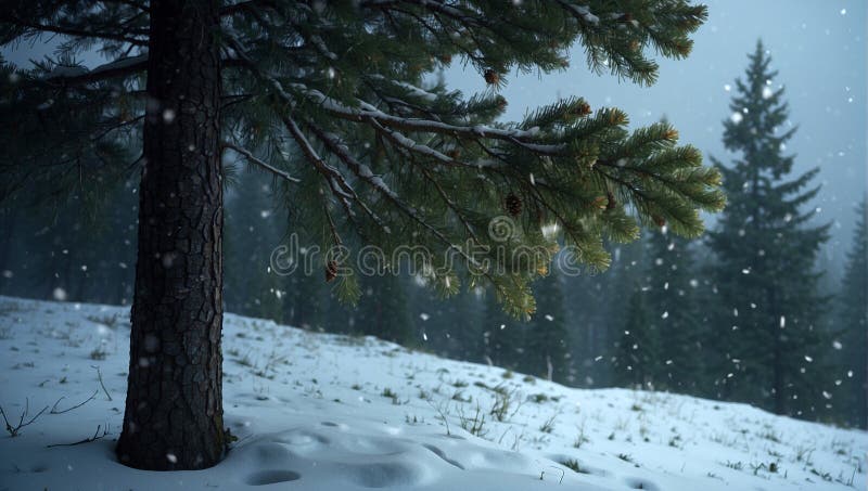 Winter Landscape with Pine Trees and Falling Snowflakes Stock ...