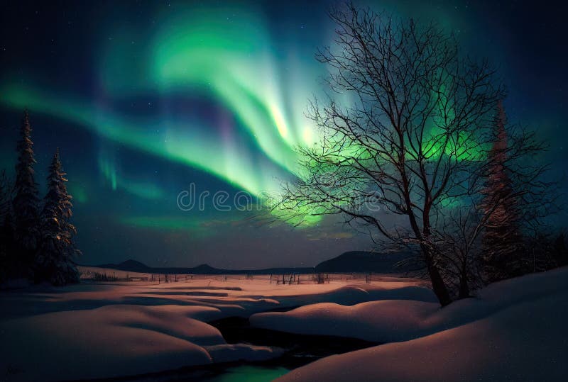 Winter Landscape with Polar Aurora. Generative Ai. Stock Illustration ...