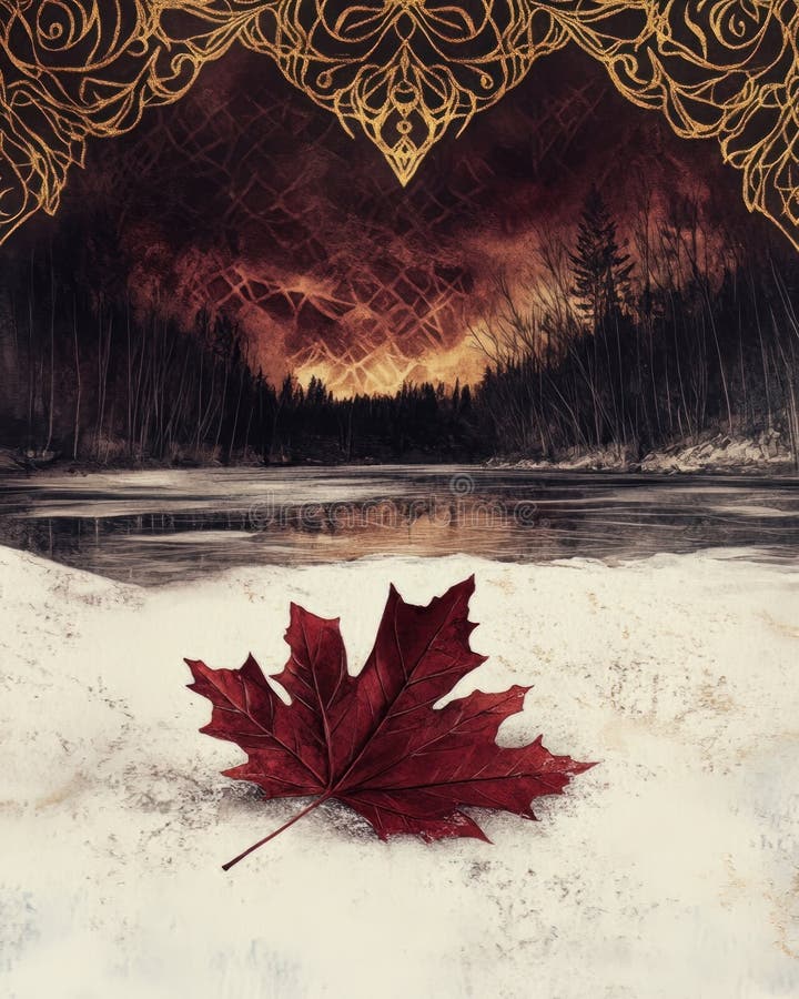 Winter Landscape with Red Maple Leaf on Snow Stock Illustration ...