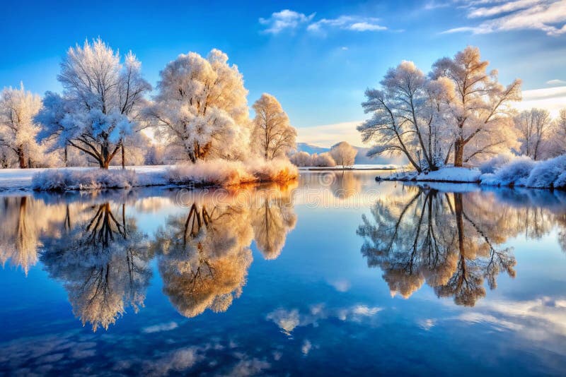 Winter Landscape with Reflection in the Water. Winter Landscape with ...