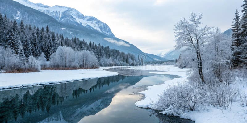 Winter Landscape with Reflection in Water Stock Illustration ...