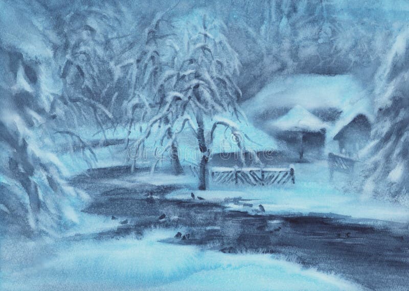 Winter Landscape by the River in Blue Evening Watercolor Background ...