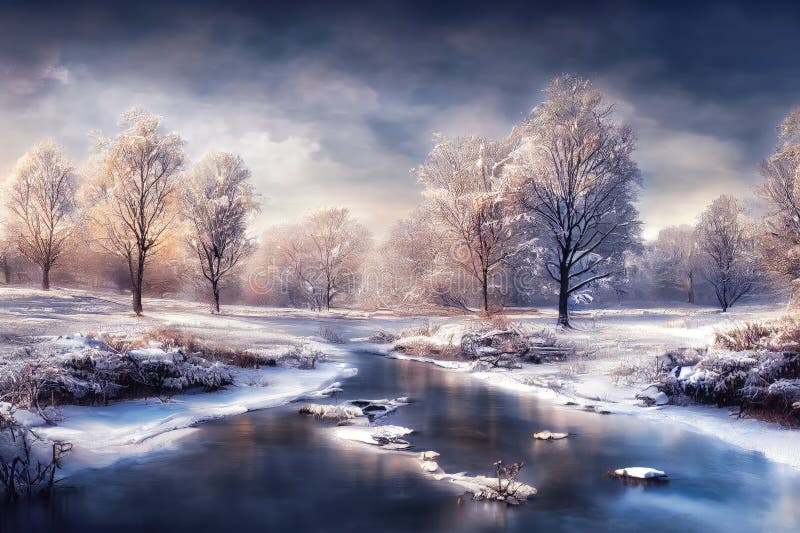 Winter Landscape with the River. Digital Art. Stock Illustration ...
