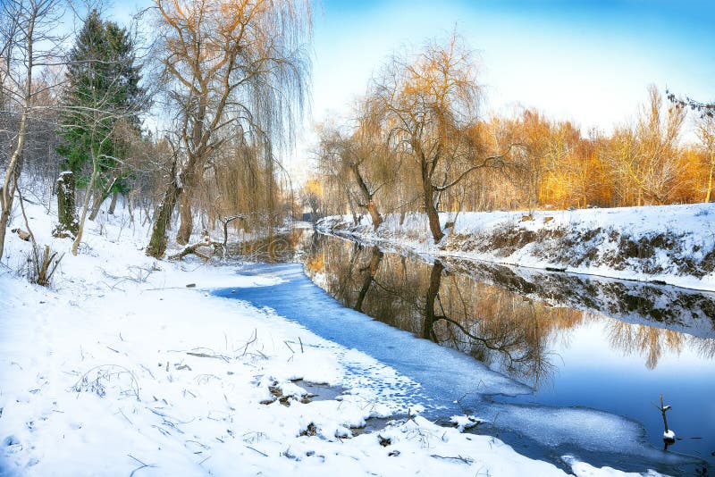 Winter Landscape by a River Stock Image - Image of open, hoar: 108161987