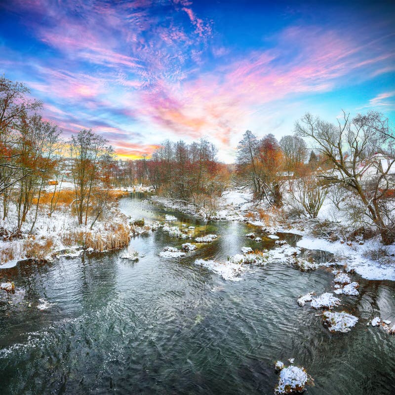Winter Landscape by a River in the Sunset Stock Image - Image of ...