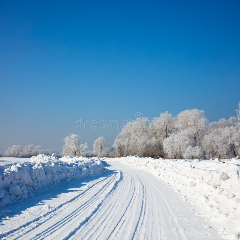 Winter Landscape with Road. Hoarfrost and Cold. Stock Photo - Image of ...