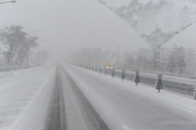 Winter Landscape with a Road during Snow Blizzard Stock Image - Image ...