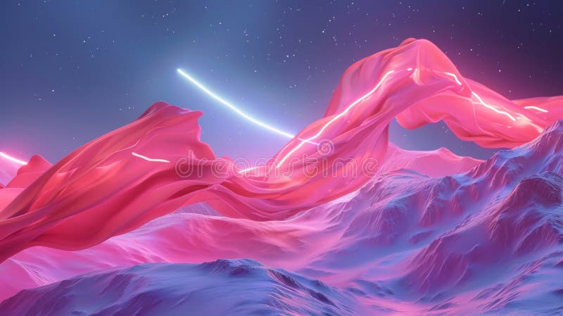 Winter Landscape Scene with Flying Cloth and Neon Lights. 3D Rendering ...