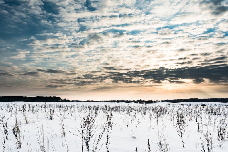 Winter Landscape, Setting Sun Closed by Clouds Stock Photo - Image of ...