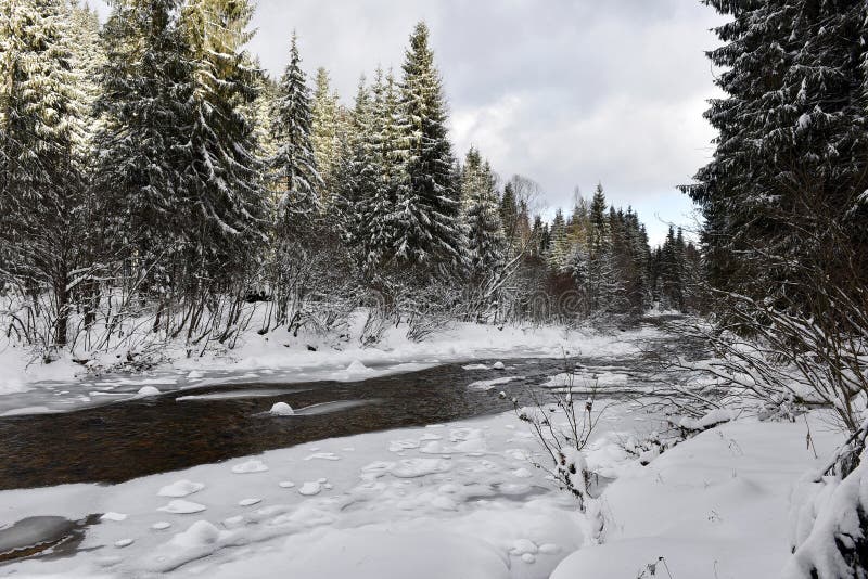 Winter Landscape of a Small Snowy River Stock Photo - Image of vacation ...