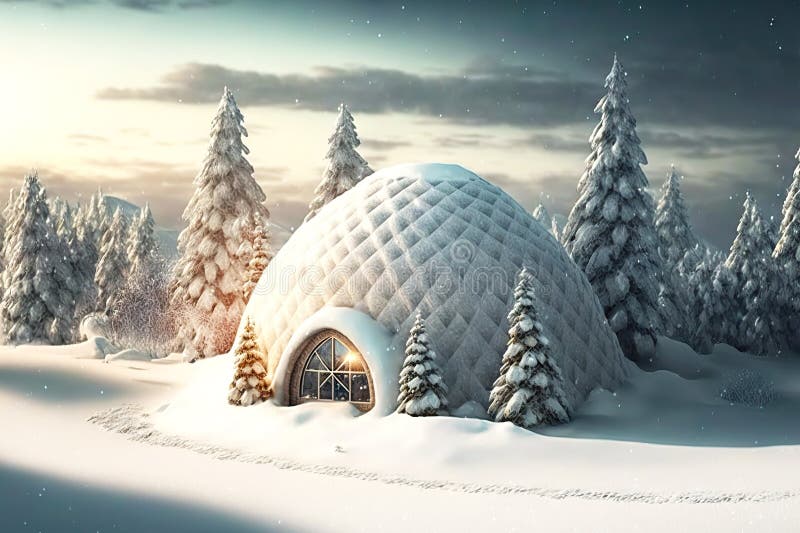 Winter Landscape with Snow Igloo Surrounded by Snow-covered Coniferous ...