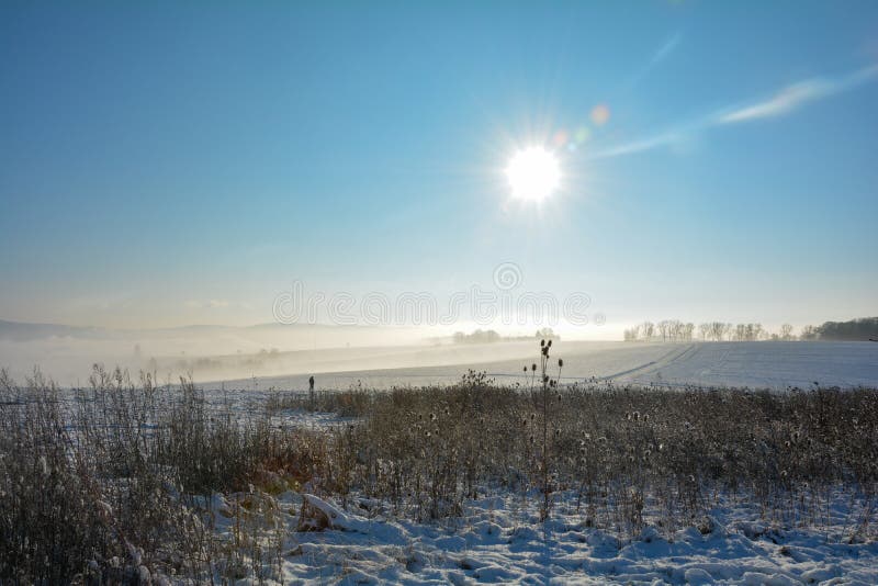 Winter Landscape with Snow, Sun and a Walker Stock Image - Image of ...