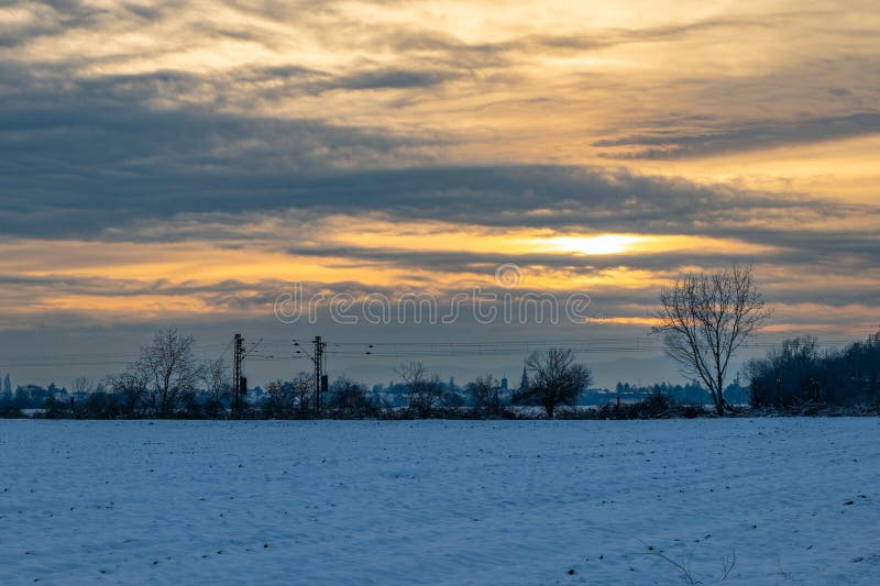 A Winter Landscape with Snow at Sunset Stock Image - Image of frost ...