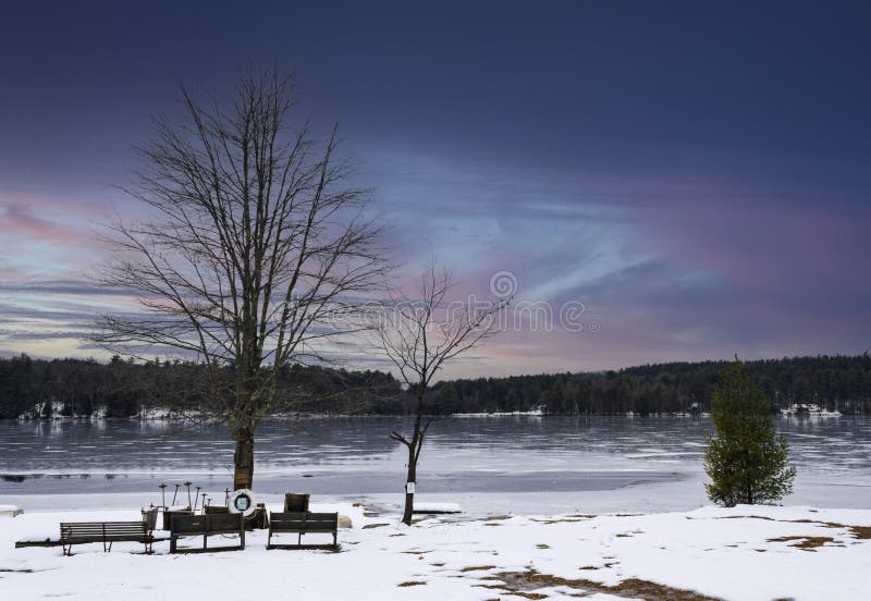 Winter Landscape with Snow and Trees by the Lake Stock Image - Image of ...