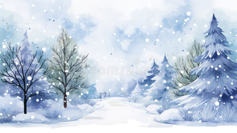 Winter Landscape with Snowfall. Watercolor Hand Drawn Vector ...