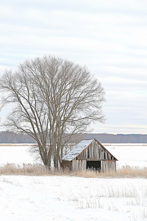 Winter Landscape Snowy Field Rustic Barn Tree High Quality Image Stock ...