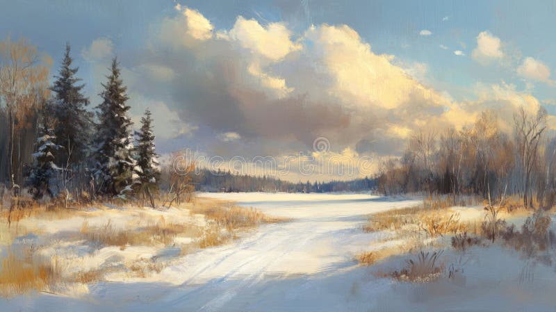 Winter Landscape with Snowy Path and Frozen Lake Stock Illustration ...