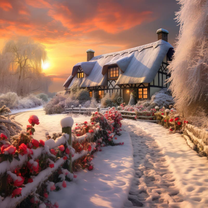 Winter Landscape with a Snowy Thatched Cottage Stock Photo - Image of ...