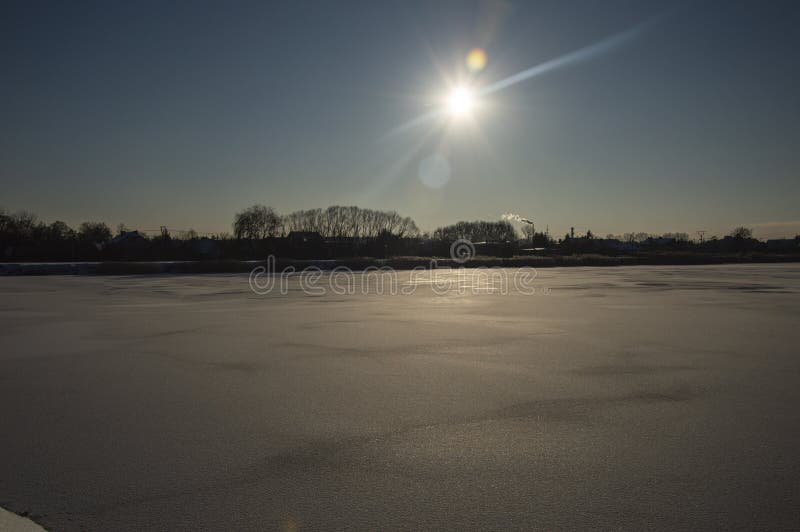 Winter Landscape with the Sun in Contrast on a Cold Day, Fields and ...