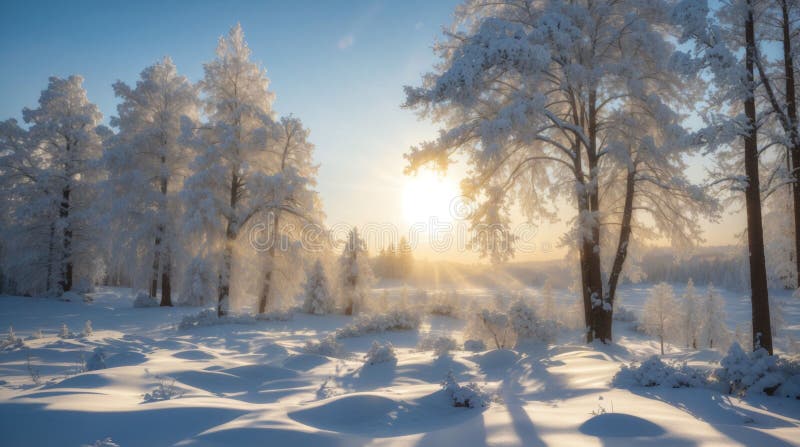 Winter Landscape with Sun in the Frame Trees Covered with Snow Stock ...