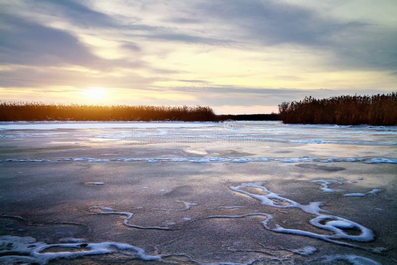 Winter Landscape with Sun and Frozen River. Stock Photo - Image of ...