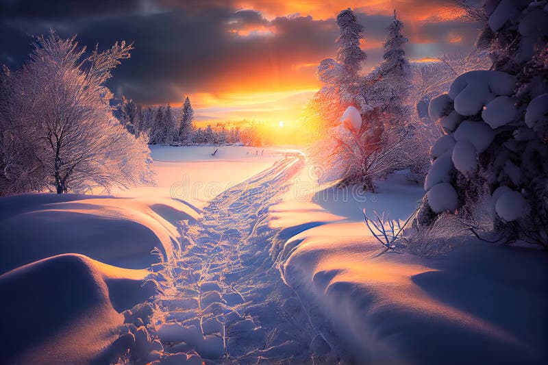 Winter Landscape Sunset Over Snow Covered Trees. Generative AI ...