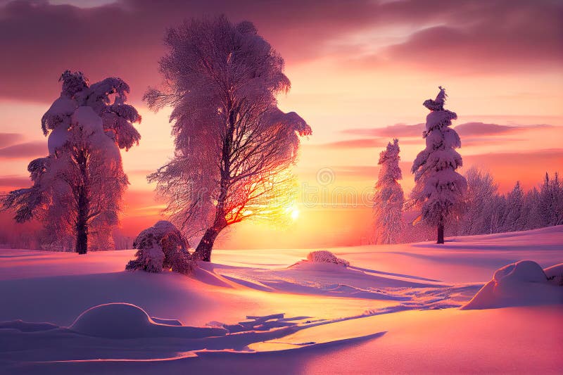 Winter Landscape Sunset Over Snow Covered Trees. Generative AI, Generative, AI Stock ...