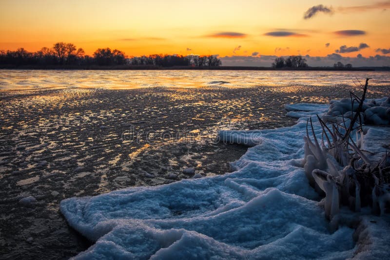 Winter Landscape with Sunset Sky and Frozen River. Daybreak Stock Photo ...