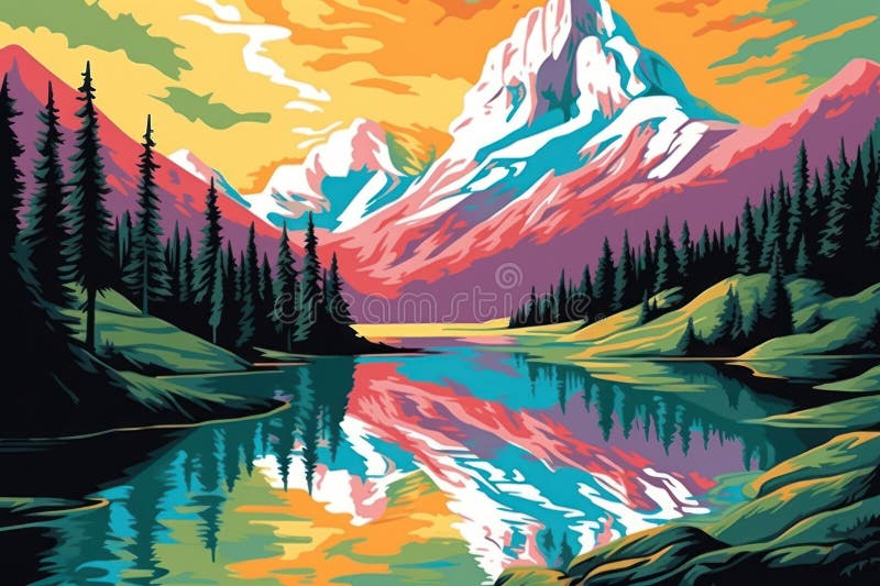 Winter Landscape There are Mountains and Lakes and Sky and Tree Digital ...