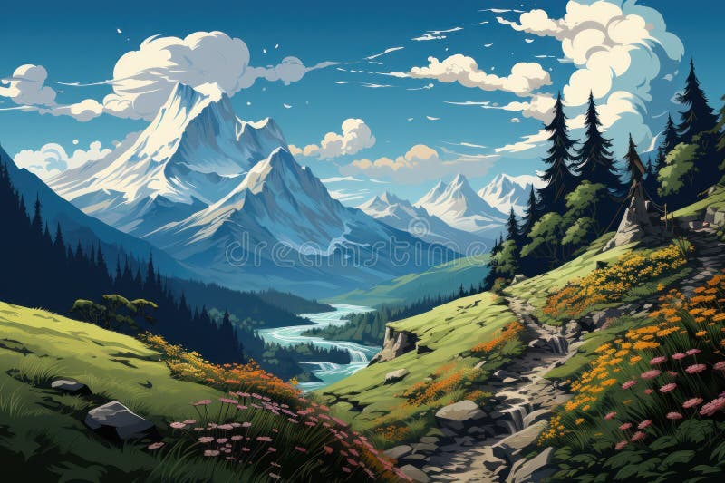 Winter Landscape There are Mountains and Lakes and Sky and Tree Digital ...