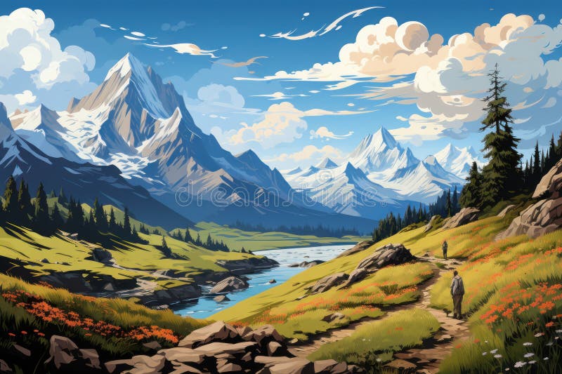 Winter Landscape There are Mountains and Lakes and Sky and Tree Digital ...