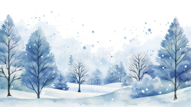 Winter Landscape with Trees and Falling Snow. Watercolor Vector ...
