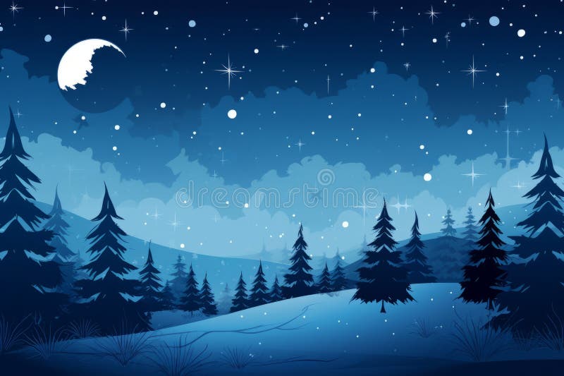 Winter Landscape with Trees Moon and Stars Vector Illustration Stock ...