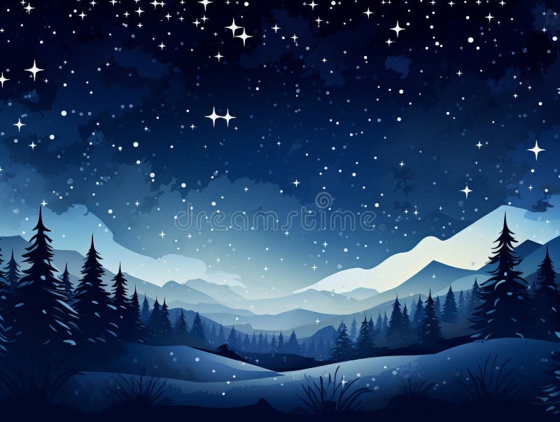 Winter Landscape with Trees and Mountains at Night with Stars Stock ...