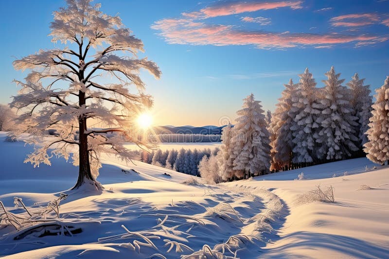 Winter Landscape with Trees and Sun Stock Illustration - Illustration ...