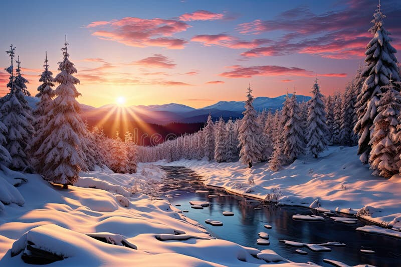 Winter Landscape with Trees and Sun Stock Image - Image of snow, frost ...