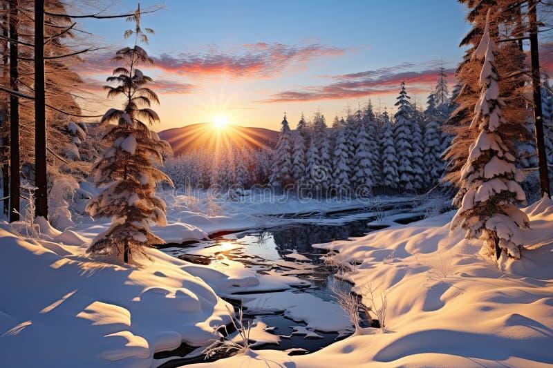 Winter Landscape with Trees and Sun Stock Image - Image of snowing ...