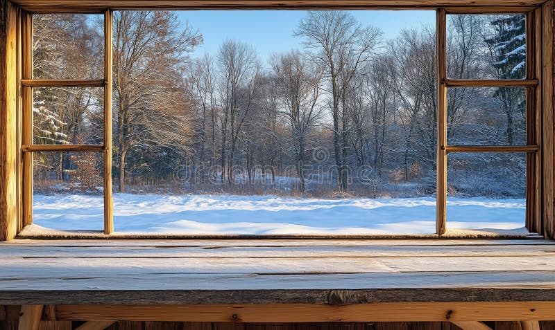 Winter Landscape View through Wooden Window Frame Showcasing Snow ...