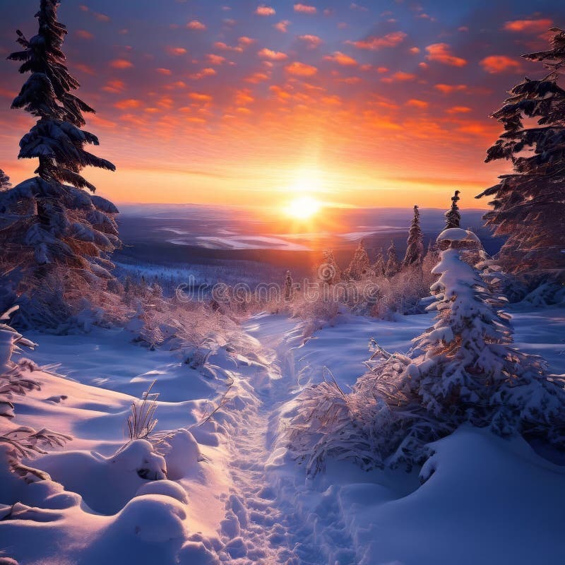 Winter Landscape Wallpaper with Treesn Snow and Sunset Sky Stock ...