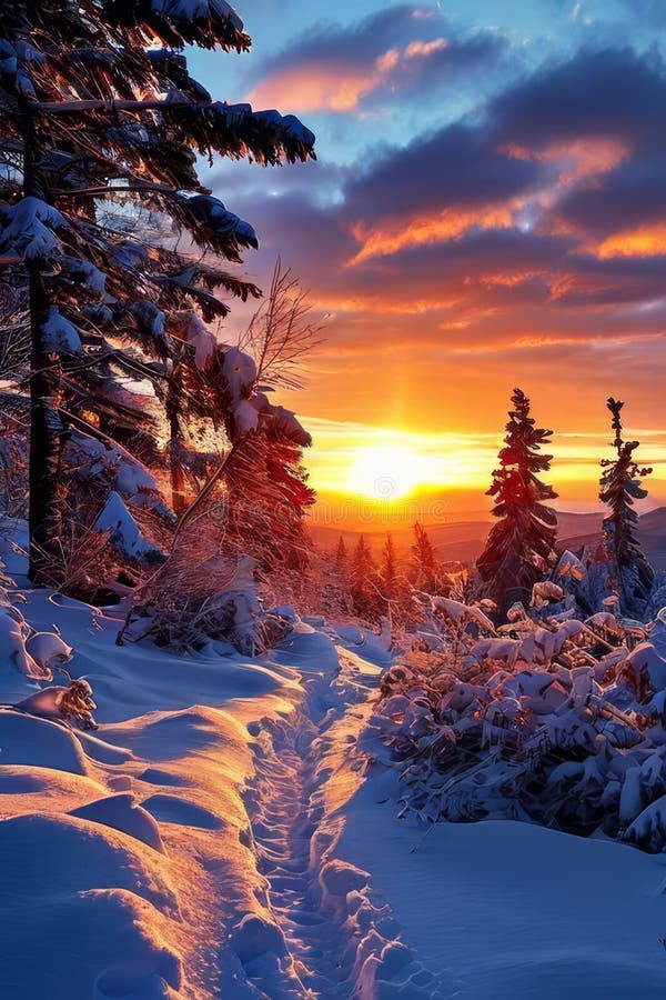 Winter Landscape Wallpaper with Treesn Snow and Sunset Sky Stock ...