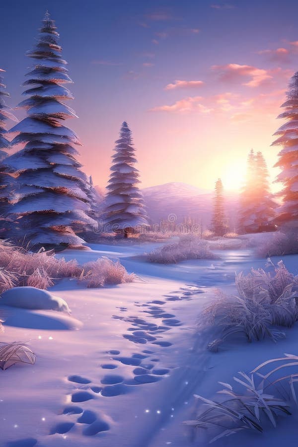 Winter Landscape Wallpaper with Treesn Snow and Sunset Sky Stock ...