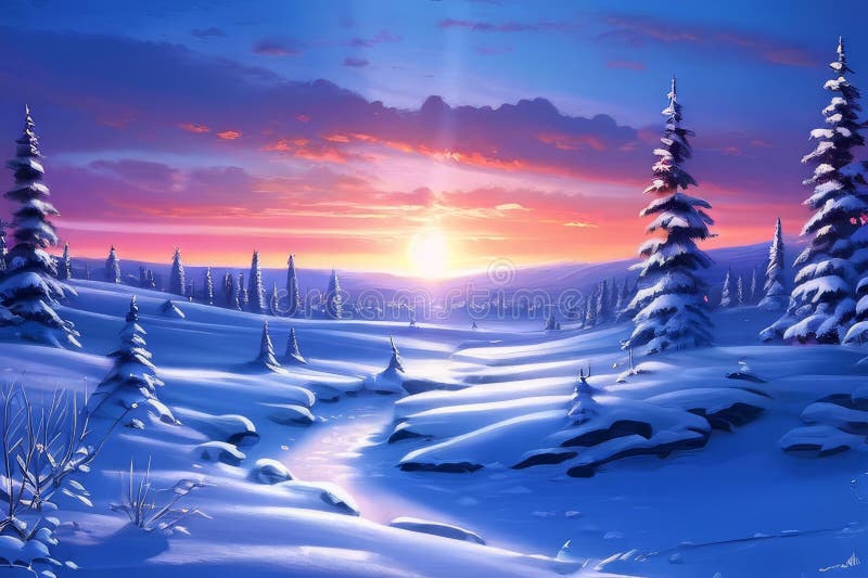 Winter Landscape Wallpaper with Treesn Snow and Sunset Sky Stock ...