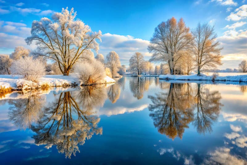 Winter Landscape with Water Reflection Stock Illustration ...